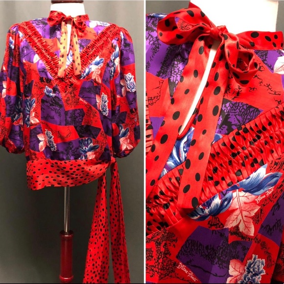 Vintage | Tops | Vintage Diane Freis Blouse Polkadots Striped Floral ...